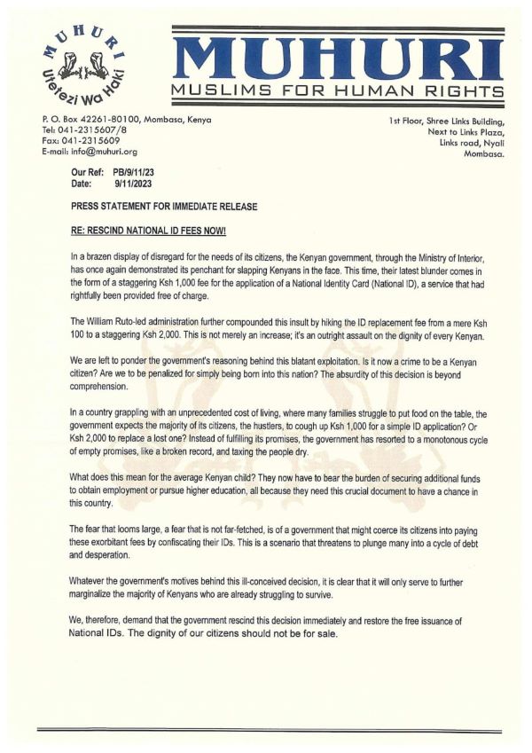 MUHURI faults gov’t over new ID charges - Baraka FM 95.5